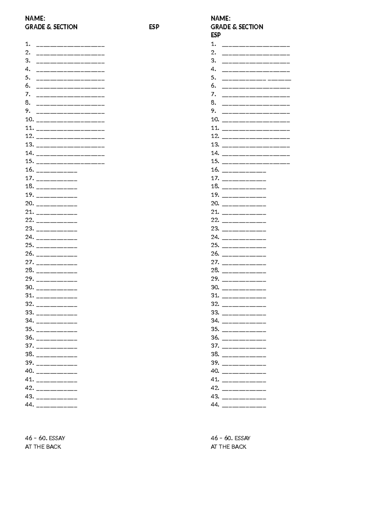 Answer Sheets - ACTIVITIES - NAME: GRADE & SECTION ESP 1 ...