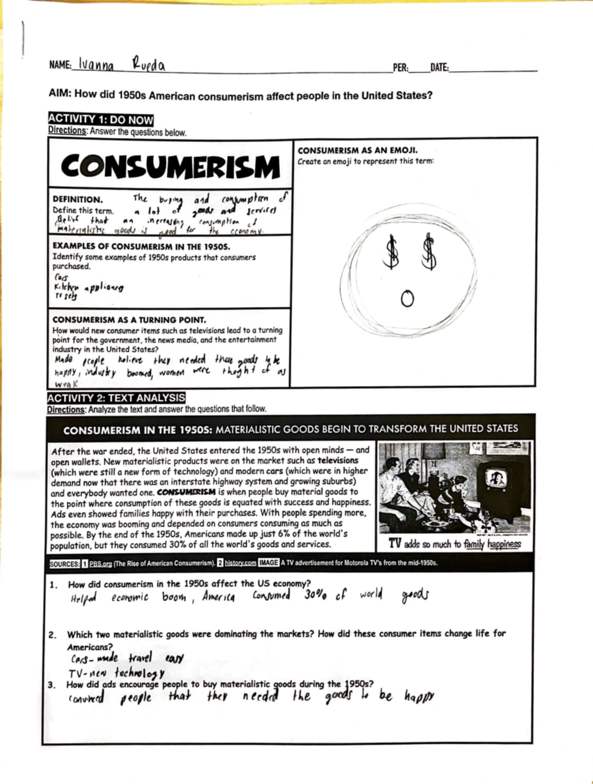 Consumerism Activity 3-19 - I • I I I NAME: lvanM PER:_0ATE: ____ _ AIM ...