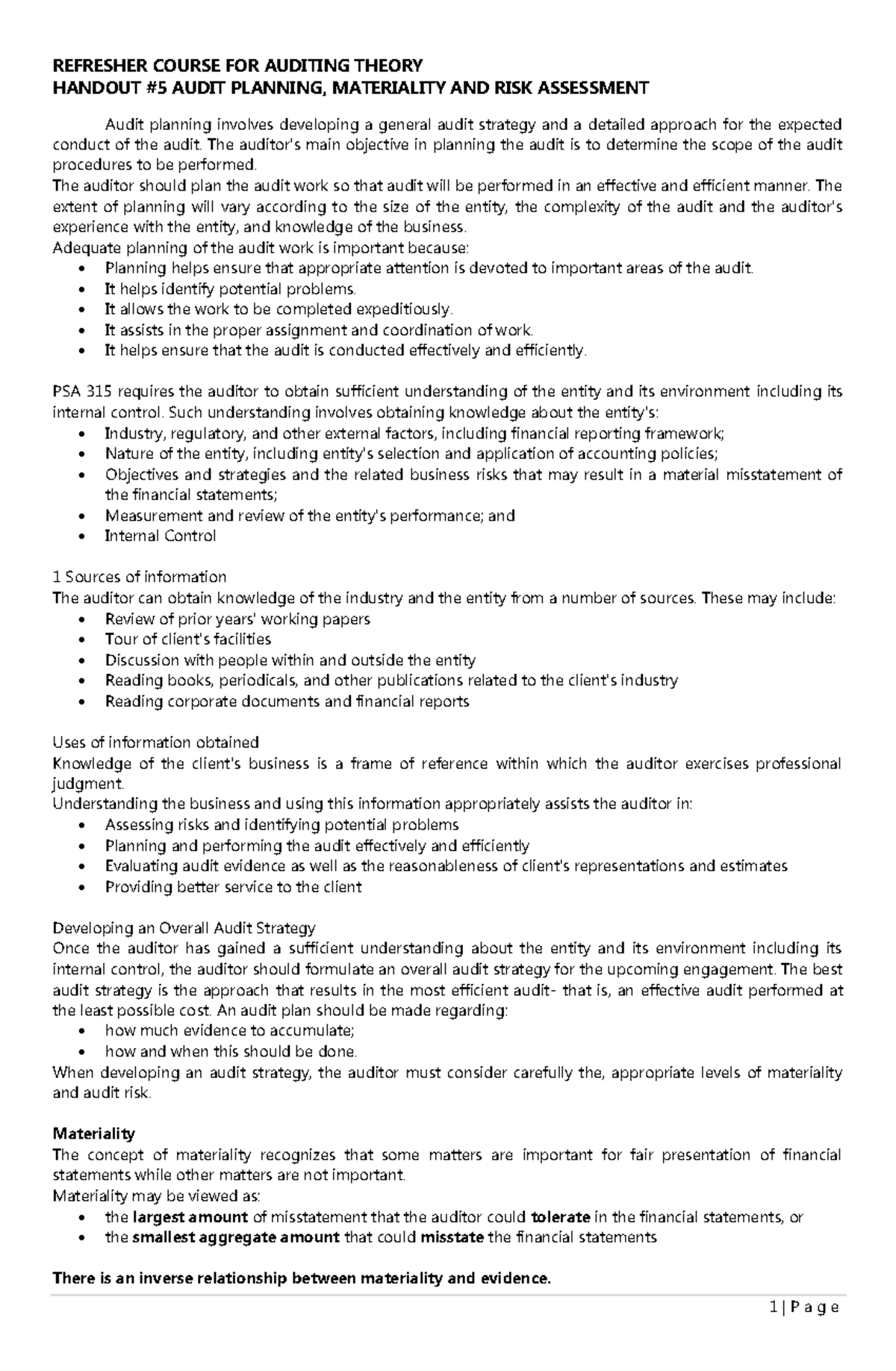 Handout #5 Audit Planning, Materiality AND RISK Assessment - REFRESHER ...