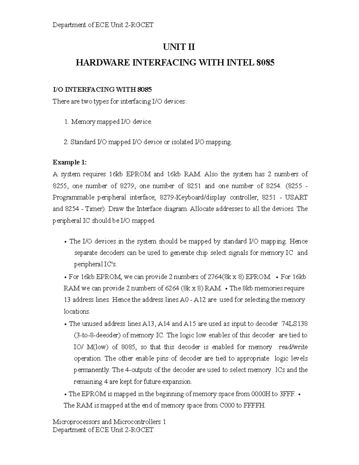IO interfacing - Department of ECE Unit 2-RGCET UNIT II HARDWARE ...