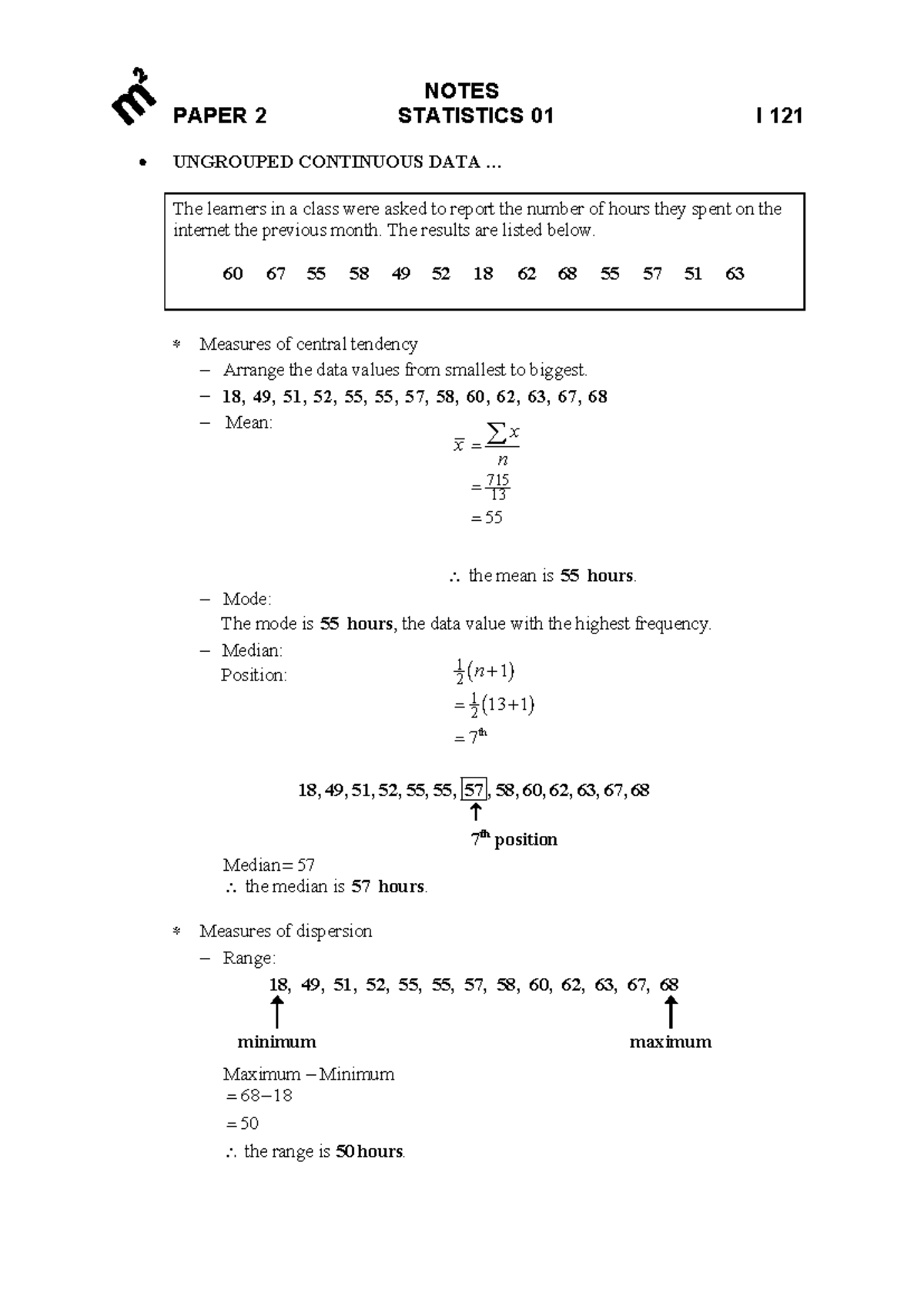 Statistics Revision Consolidation - PAPER 2 STATISTICS 01 I 121 ...