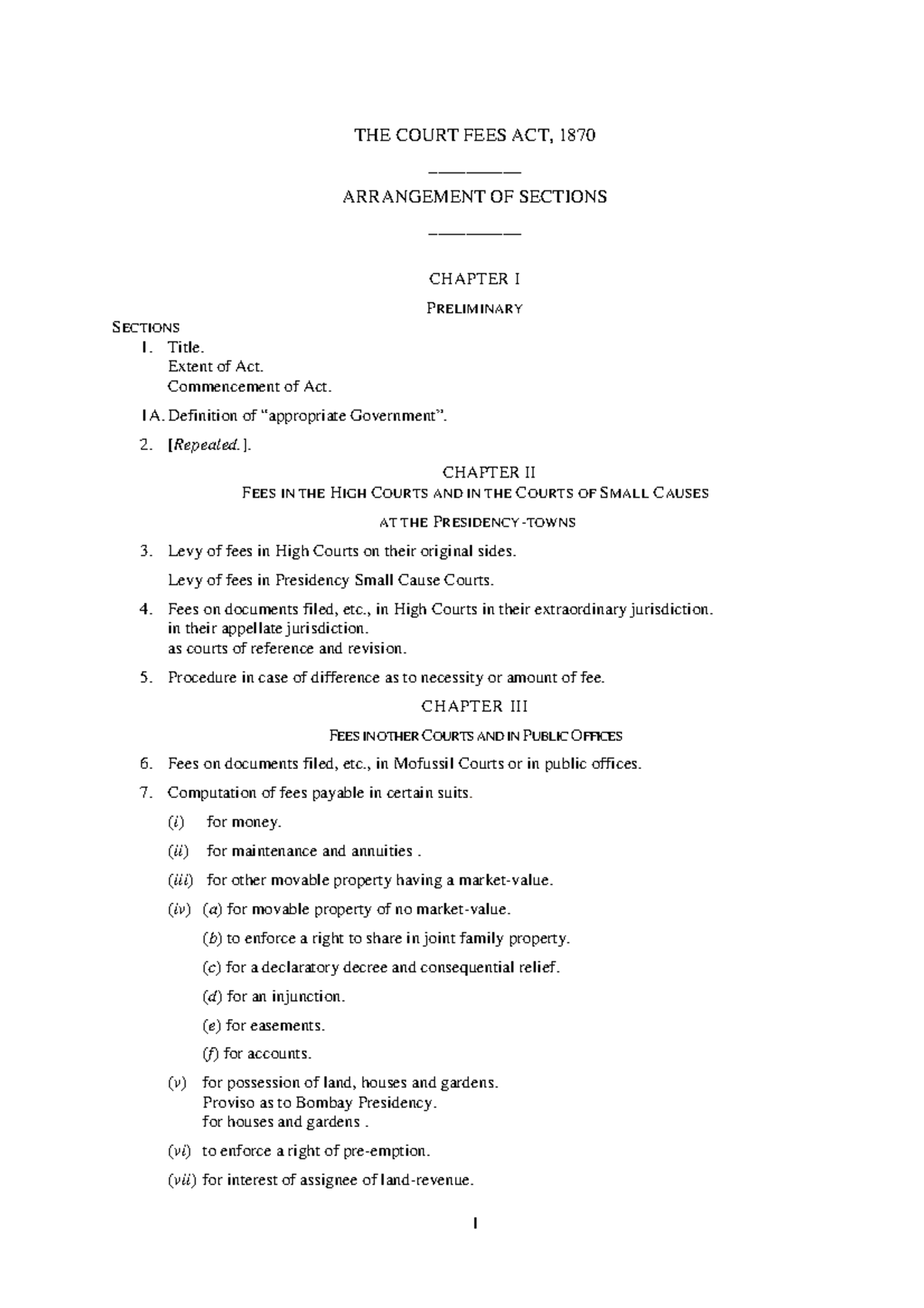 Court Fees Act 1870 THE COURT FEES ACT 1870 ARRANGEMENT court-fees-act-1870-the-court-fees-act-1870-arrangement