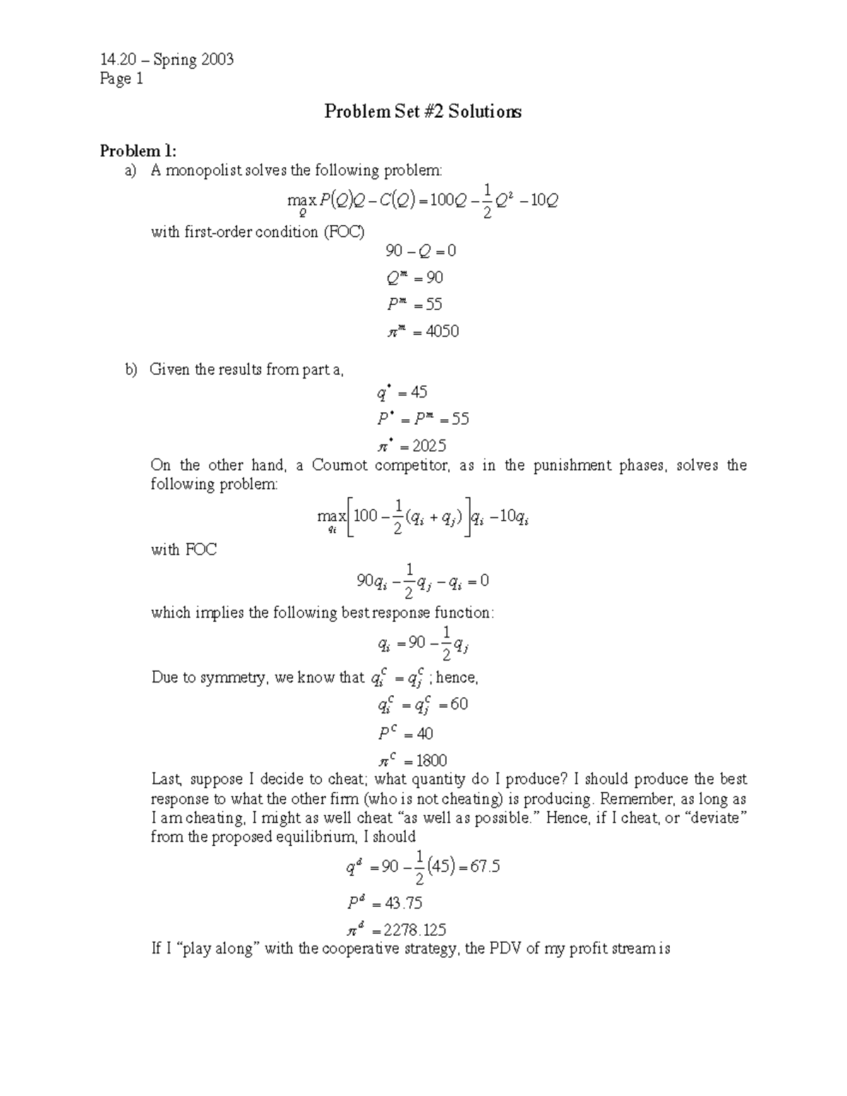 Problem Set 2 Solutions - Page 1 Problem Set #2 Solutions Problem 1: a ...