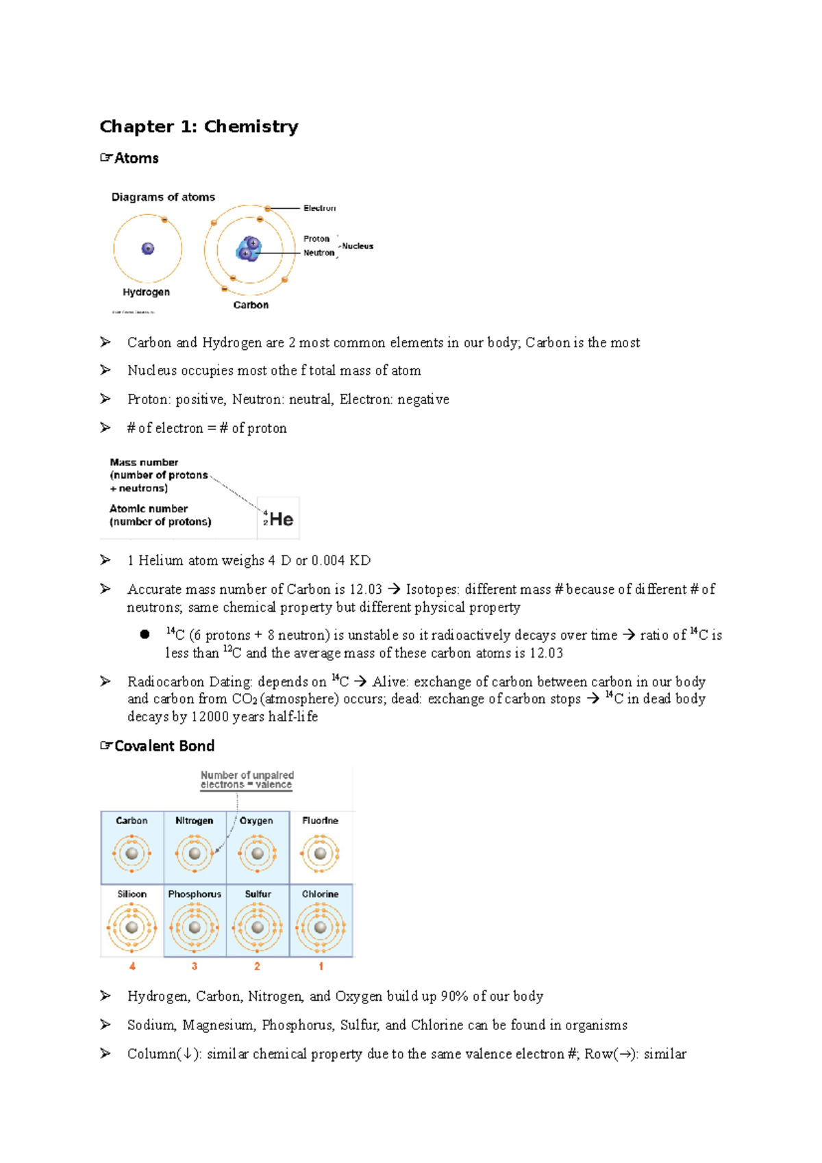 Chapter 1 Summary note - Chapter 1: Chemistry ☞Atoms Carbon and ...