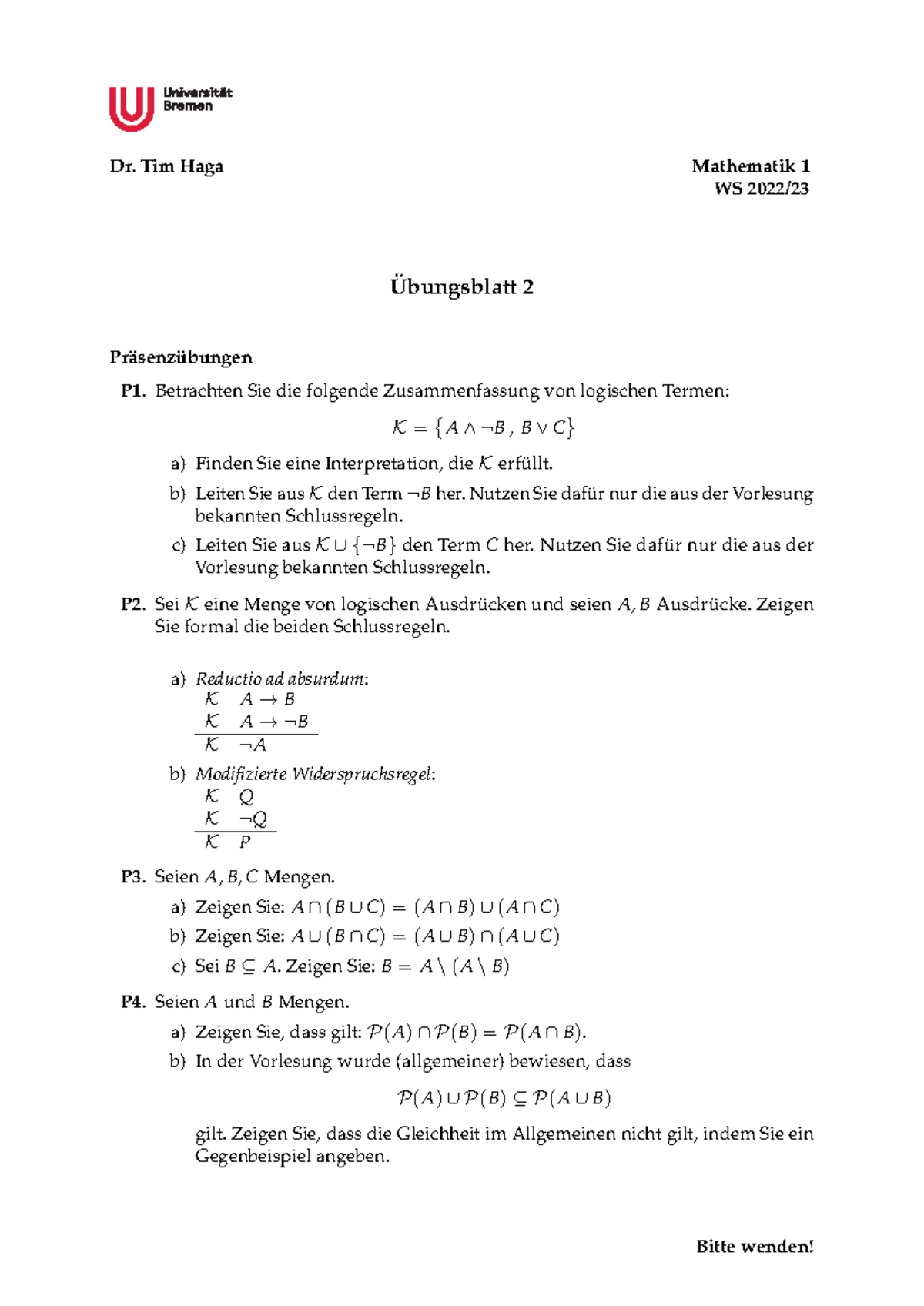 M1-Blatt-02 - winter - Bitte wenden! Dr. Tim Haga Mathematik 1 WS 2022 ...