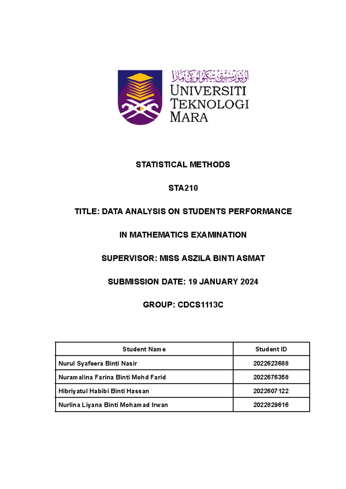 [CSCS 1113C Group 2] Data Analysis On Students Performance in Mathematics Examination ...