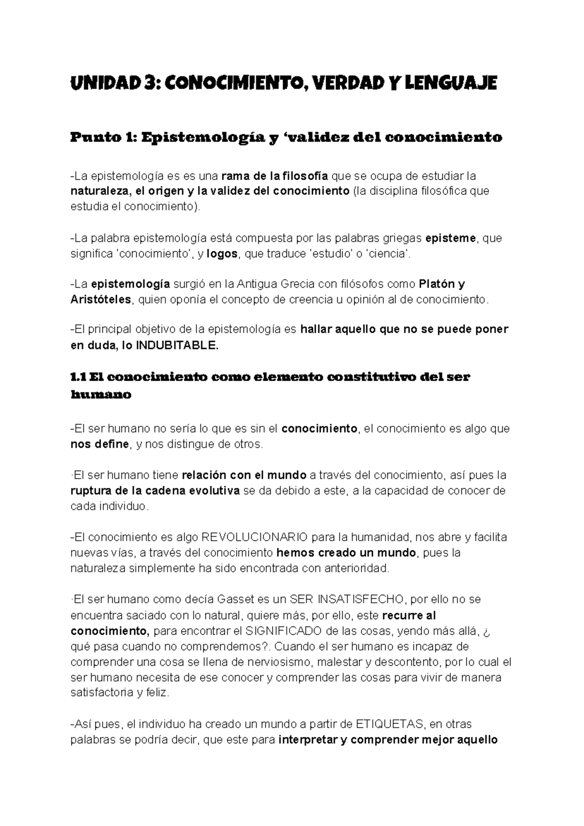 Unidad 3 Conocimiento, verdad y lenguaje hasta punto 4 - UNIDAD 3: CONOCIMIENTO, VERDAD Y ...