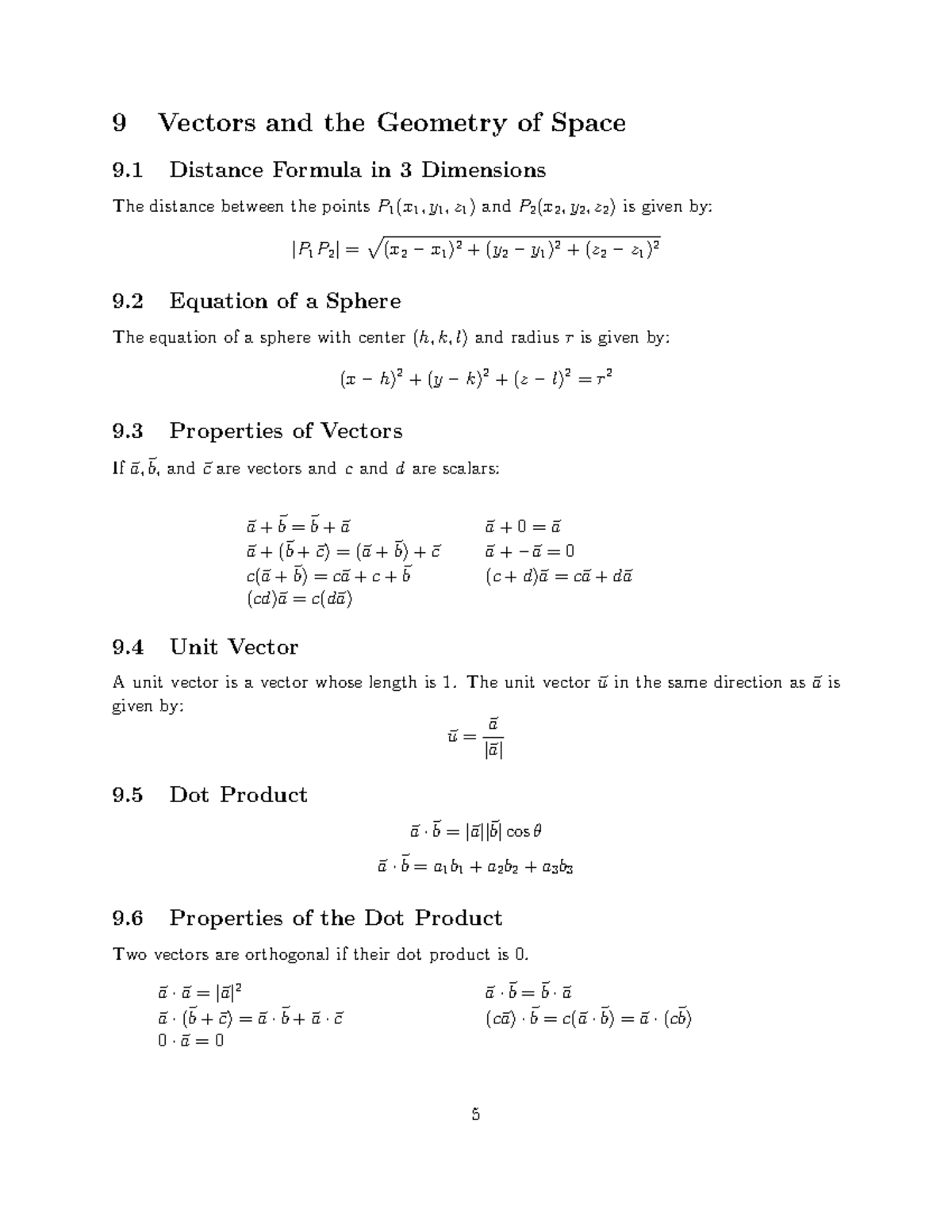 MAC2313Formulas - pls - 9 Vectors and the Geometry of Space 9 Distance ...