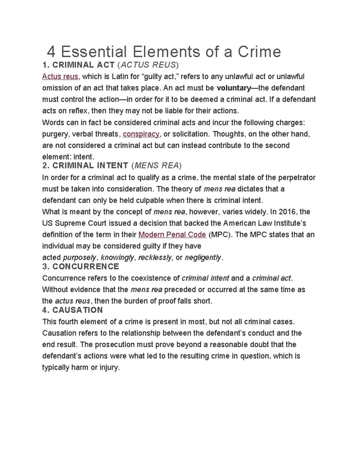 4 Essential Elements of a Crime - CRIMINAL ACT (ACTUS REUS) Actus reus ...