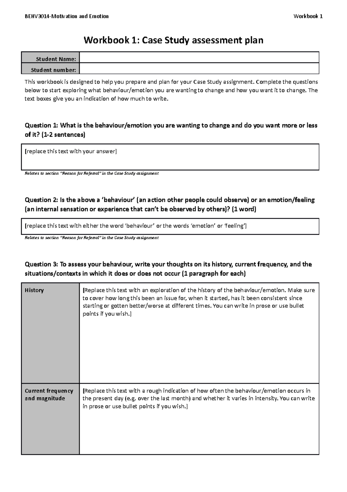 BEHV3014-Workbook 1 - assessment template practice material. - BEHV3014 ...