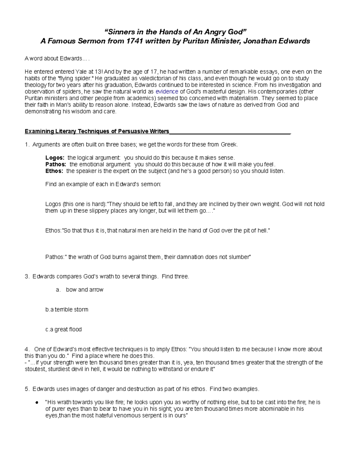 Copy of Sinners Questions - “Sinners in the Hands of An Angry God” A ...