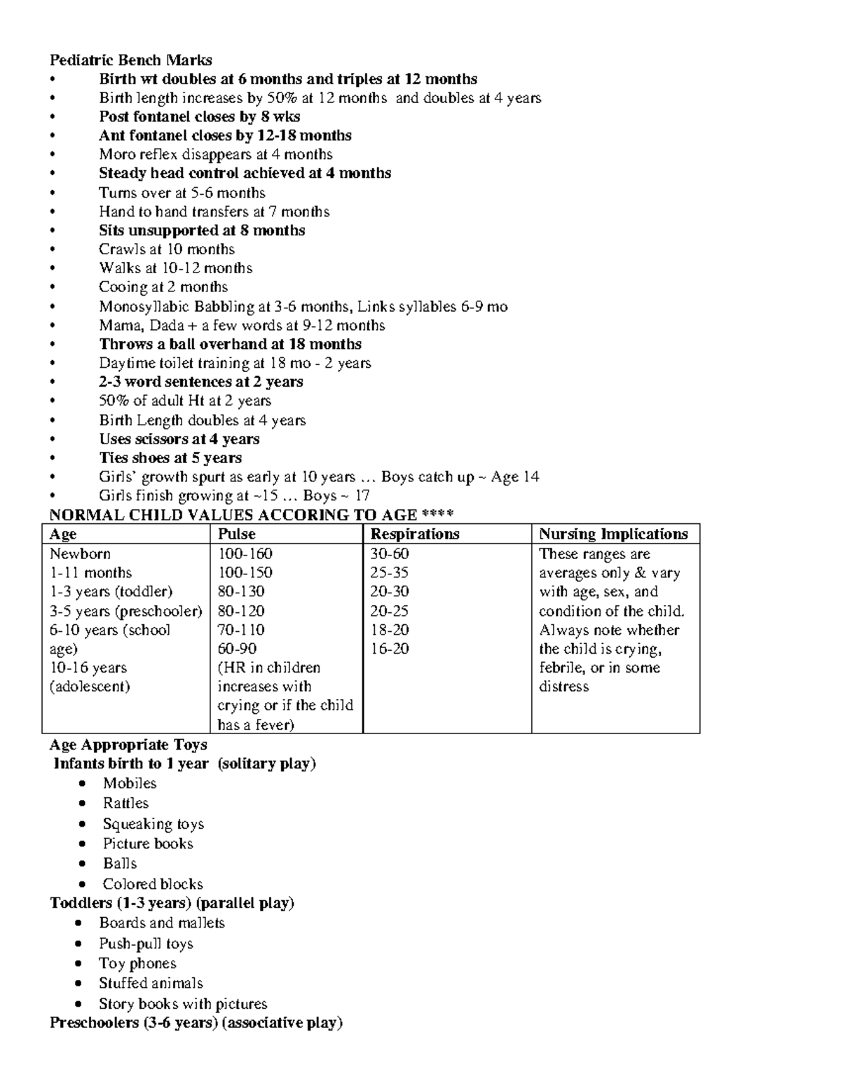 Peds - Notes to help with pediatric nursing - Pediatric Bench Marks ...