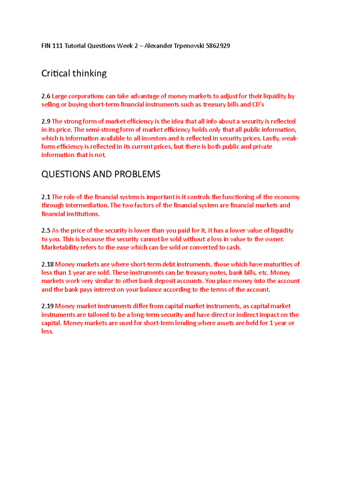 FIN 111 Tutorial Questions Week 3 - FIN 111 Tutorial Questions Week 2 ...