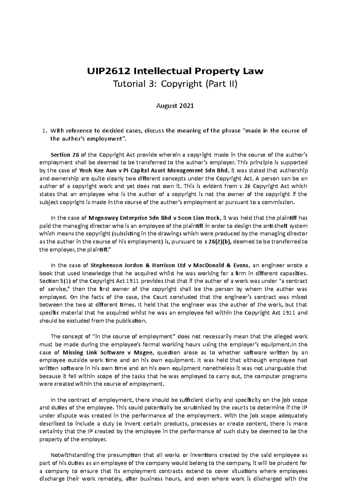 UIP2612 - Tutorial 3 (Copyright II) - UIP2612 Intellectual Property Law ...