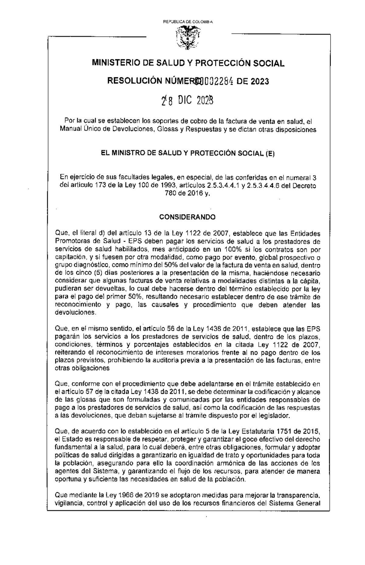 Resolución No 2284 de 2023 OJO LEER - REPUBLICA DE COLOMBIA ####### MINISTERIO DE SALUD Y ...