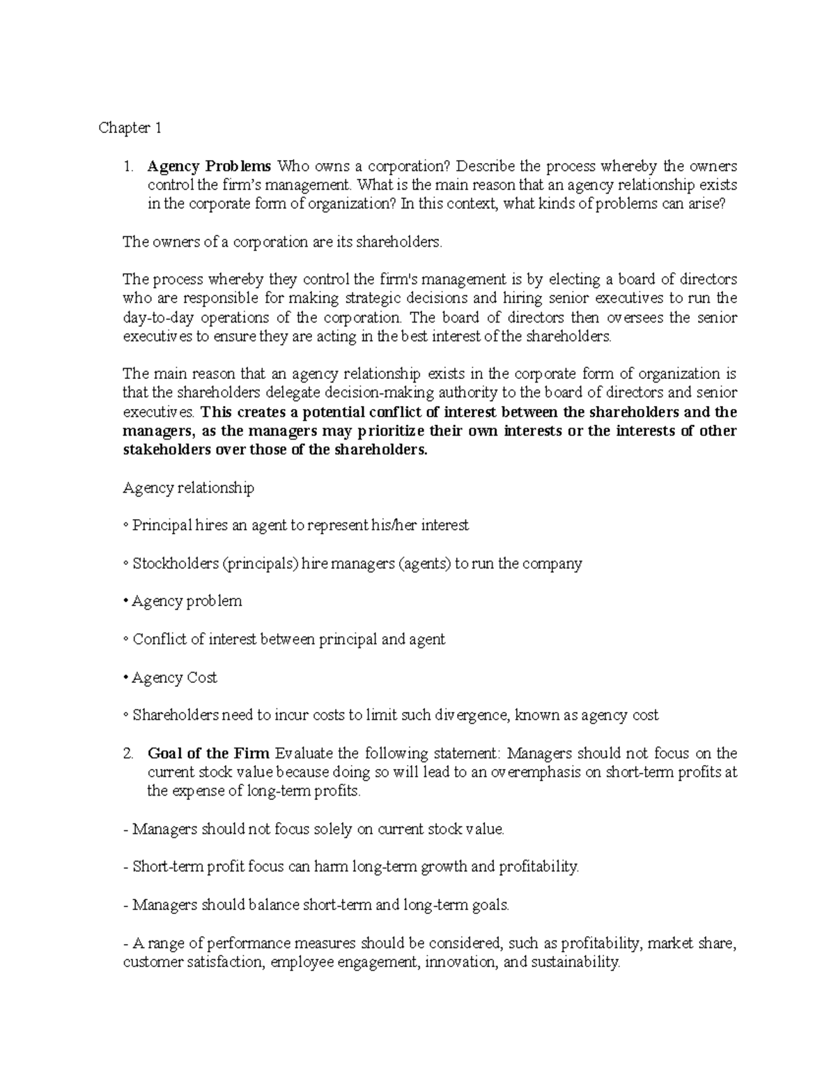 1 - Chap 01 - Introduction - Chapter 1 1. Agency Problems Who owns a ...