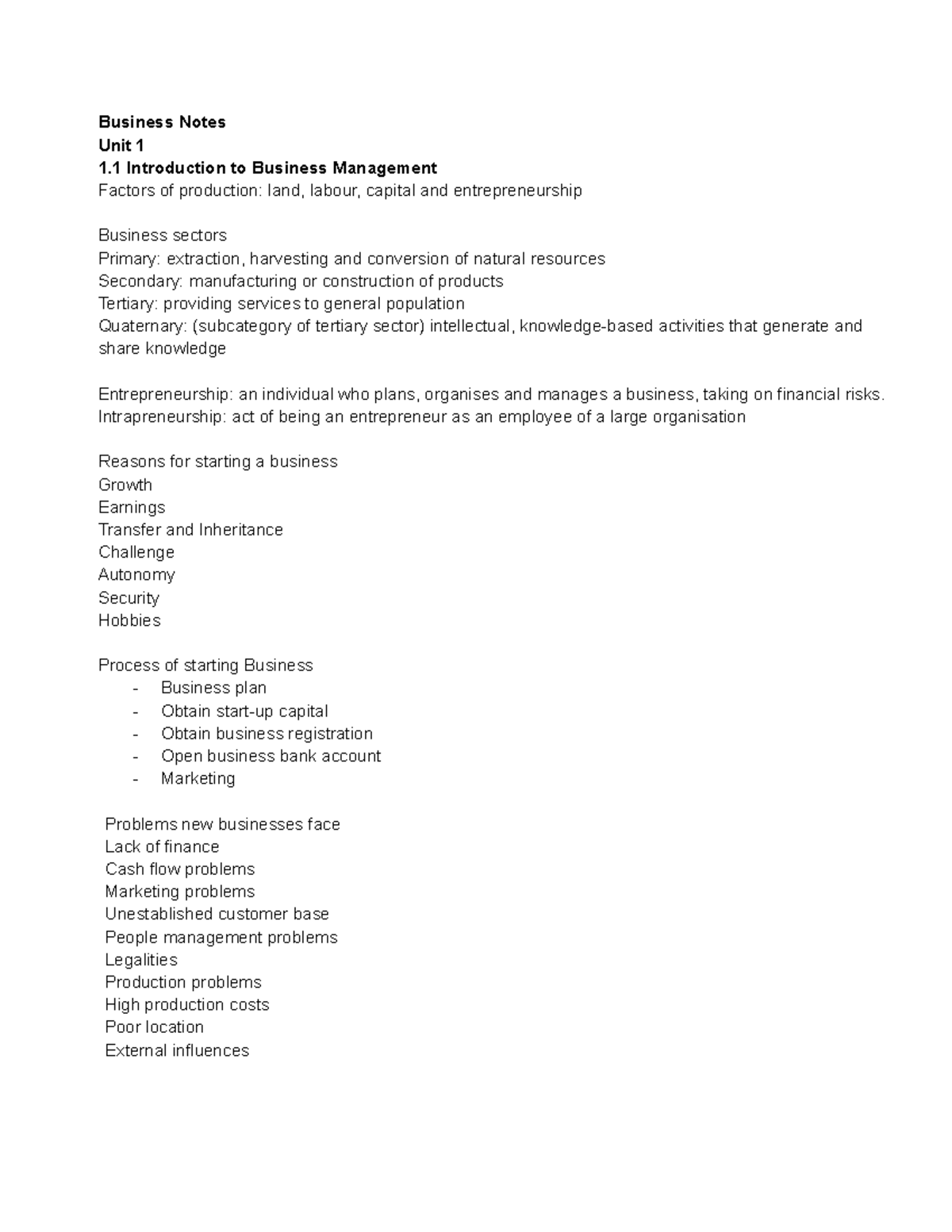 Business Notes - Business Notes Unit 1 1 Introduction to Business ...