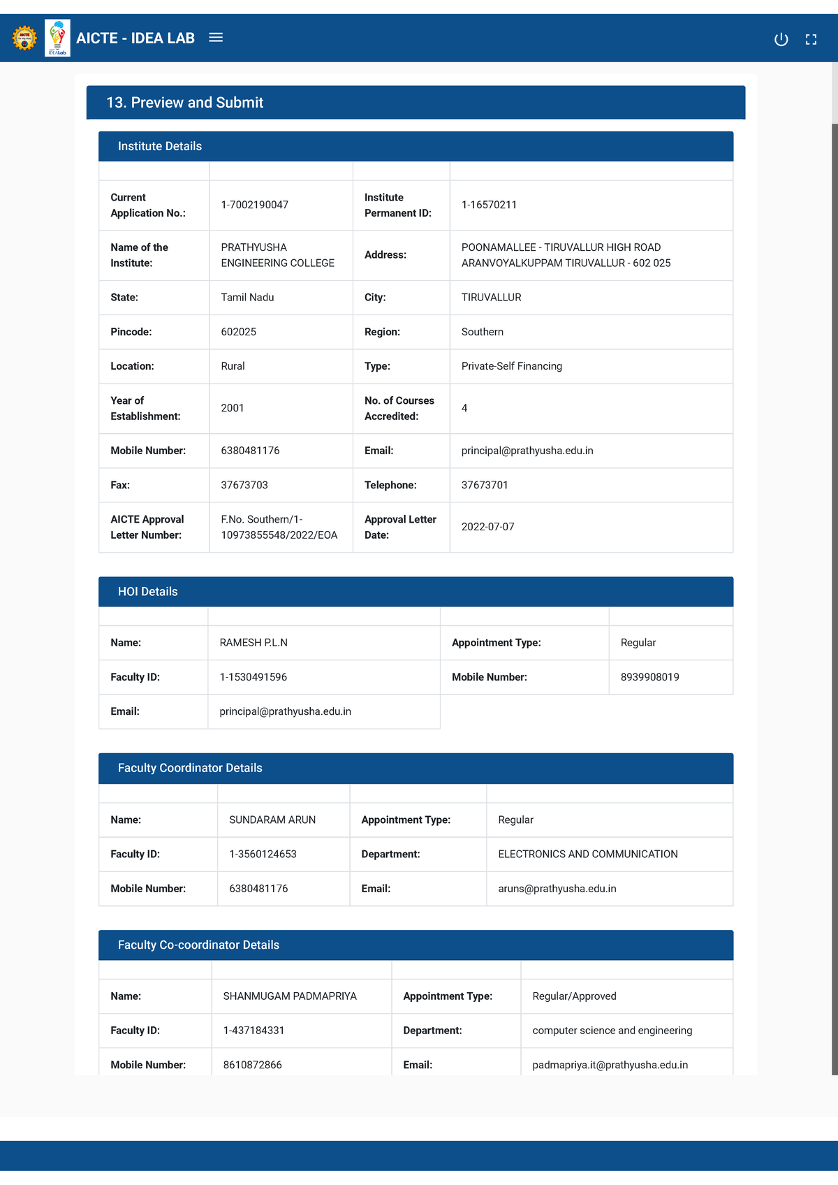 Aicte-IDEA Lab Network 1 - 13. Preview and Submit Current Application ...