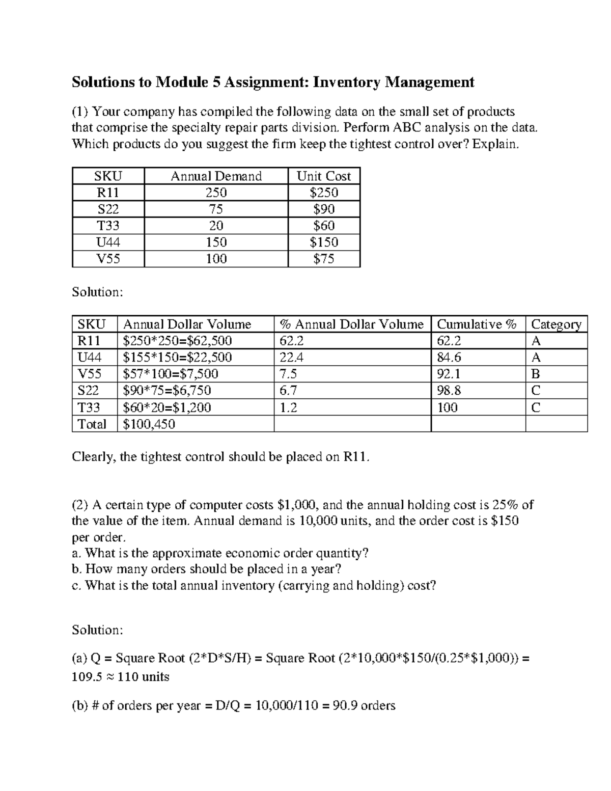 Solution to MGMT560 Module 5 Assignment - Solutions to Module 5 Assignment: Inventory Management ...