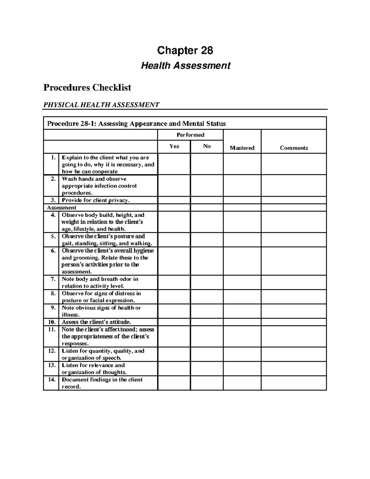 Checklist retdem - Fundamentals - Chapter 28 Health Assessment ...