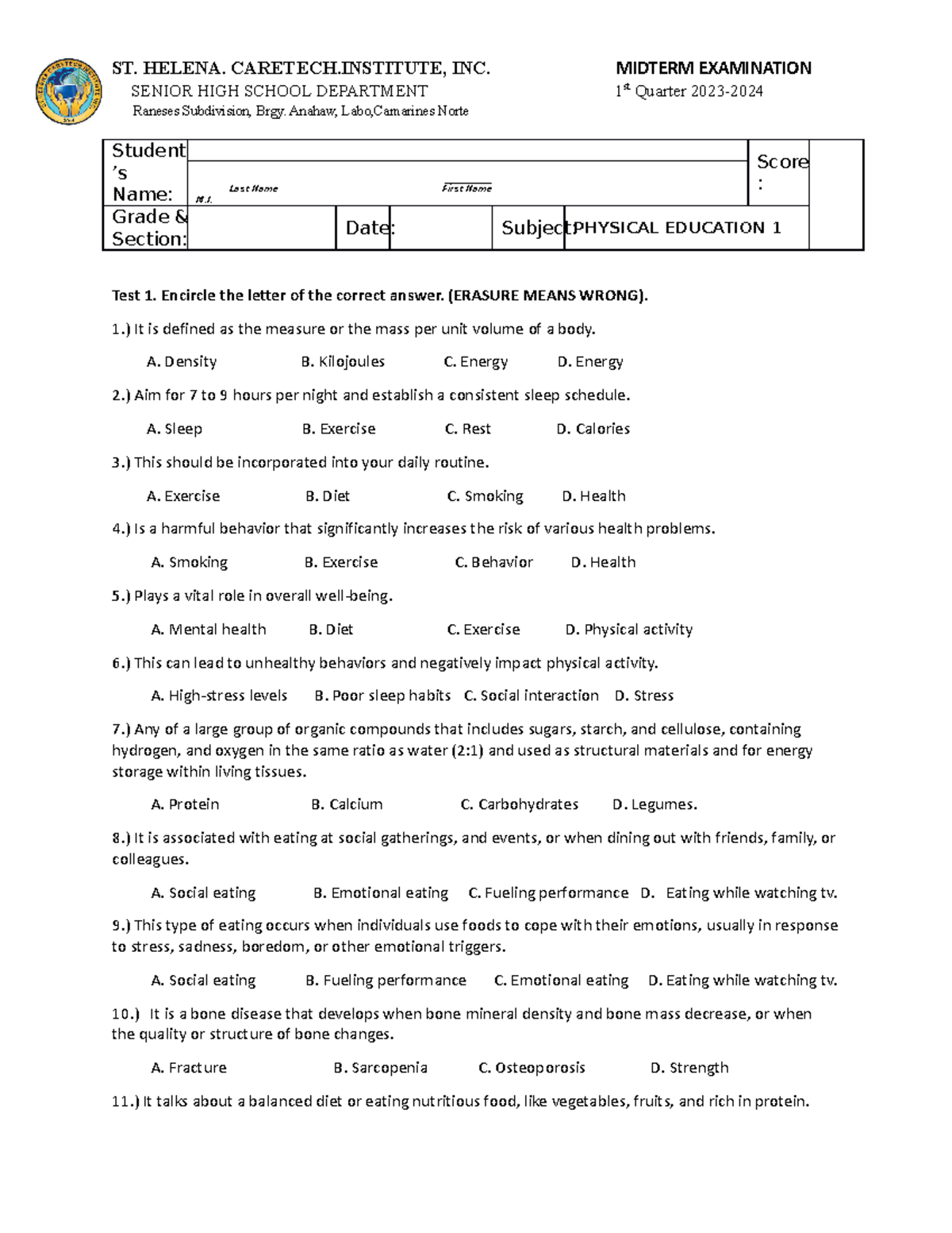 Test paper Pe - vbdbfn - ST. HELENA. CARETECH, INC. MIDTERM EXAMINATION ...