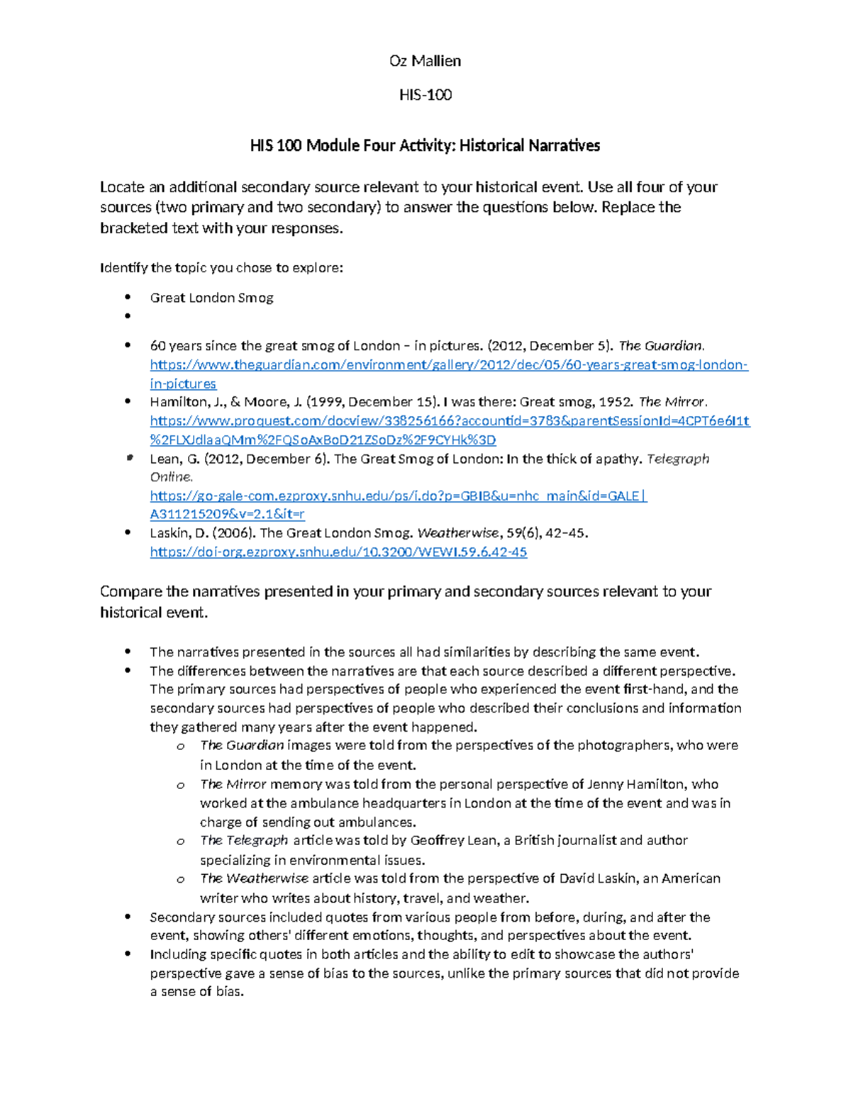 HIS 100 Module Four Activity - Narratives - Oz Mallien HIS- HIS 100 ...