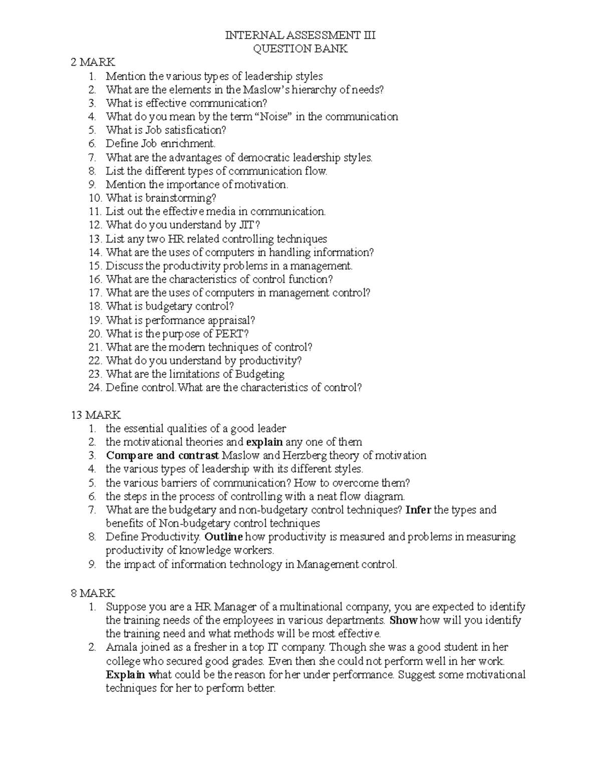 Internal Assessment III INTERNAL ASSESSMENT III QUESTION BANK 2 MARK