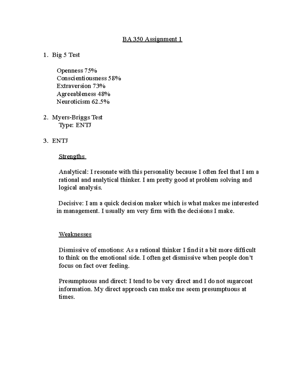 BA 350 Assignment 1 - BA 350 Assignment 1 Big 5 Test Openness 75% ...