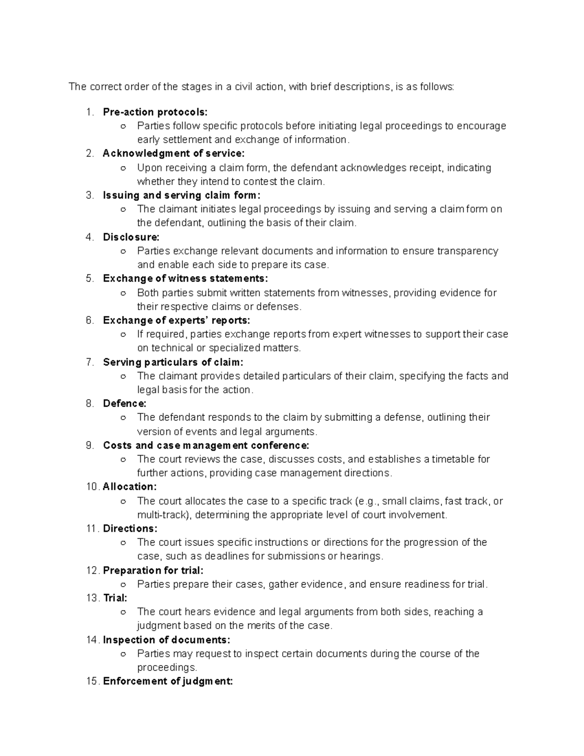 Civil action protocols - The correct order of the stages in a civil ...
