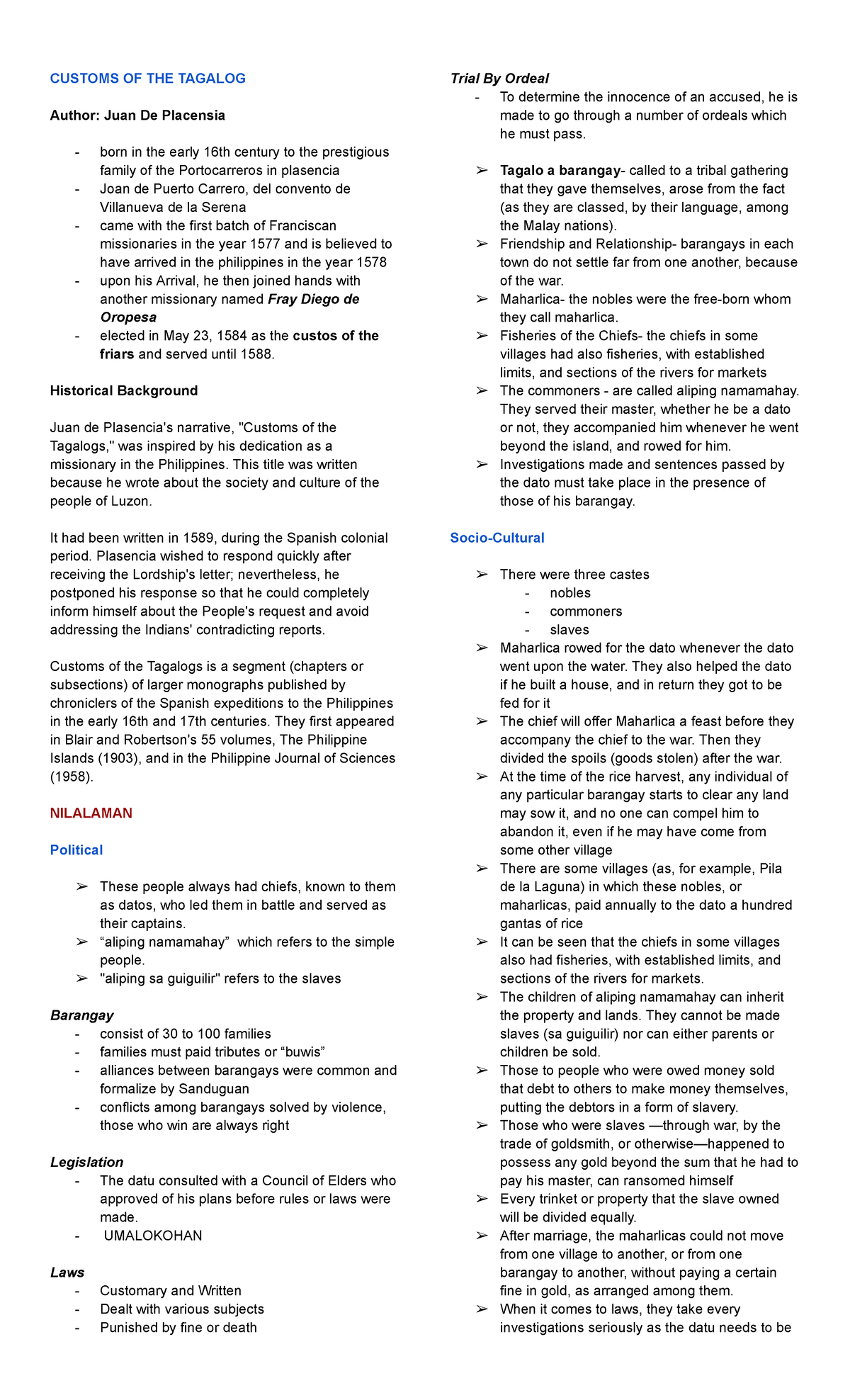 RPH Reviewer - CUSTOMS OF THE TAGALOG Author: Juan De Placensia - born ...