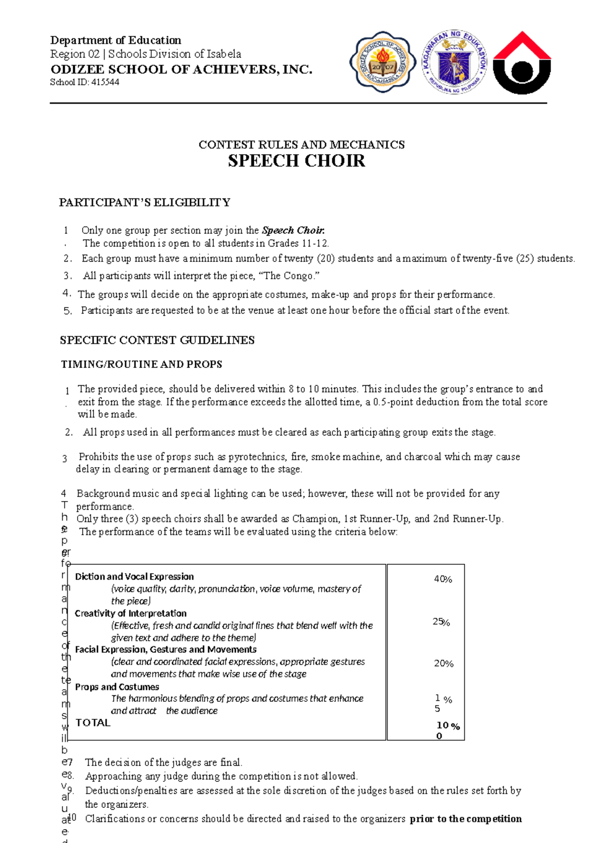 Speech Choir - criteria for judging - Department of Education Region 02 ...