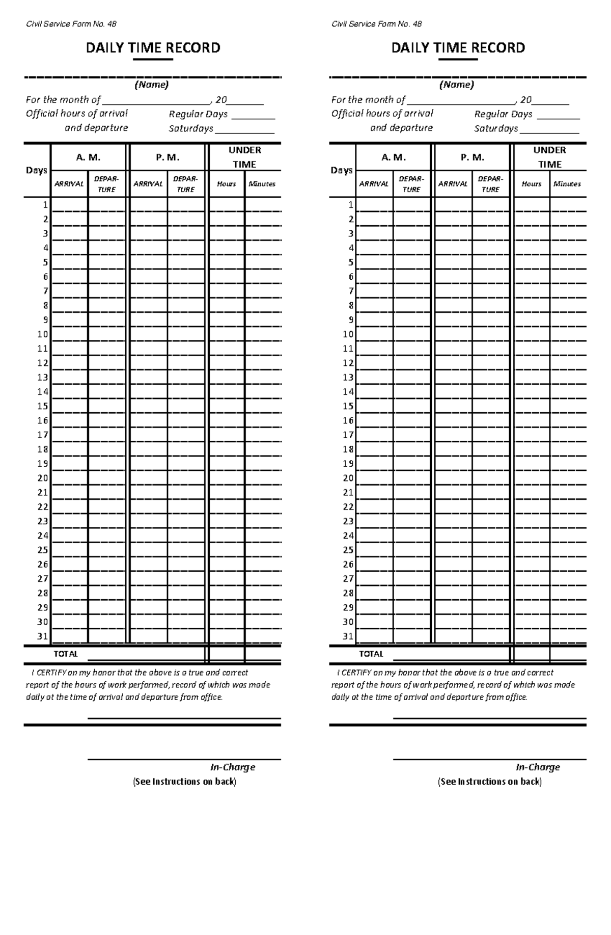 Dtr Daily Time Record Civil Service Form No 48 Civil Service Form 