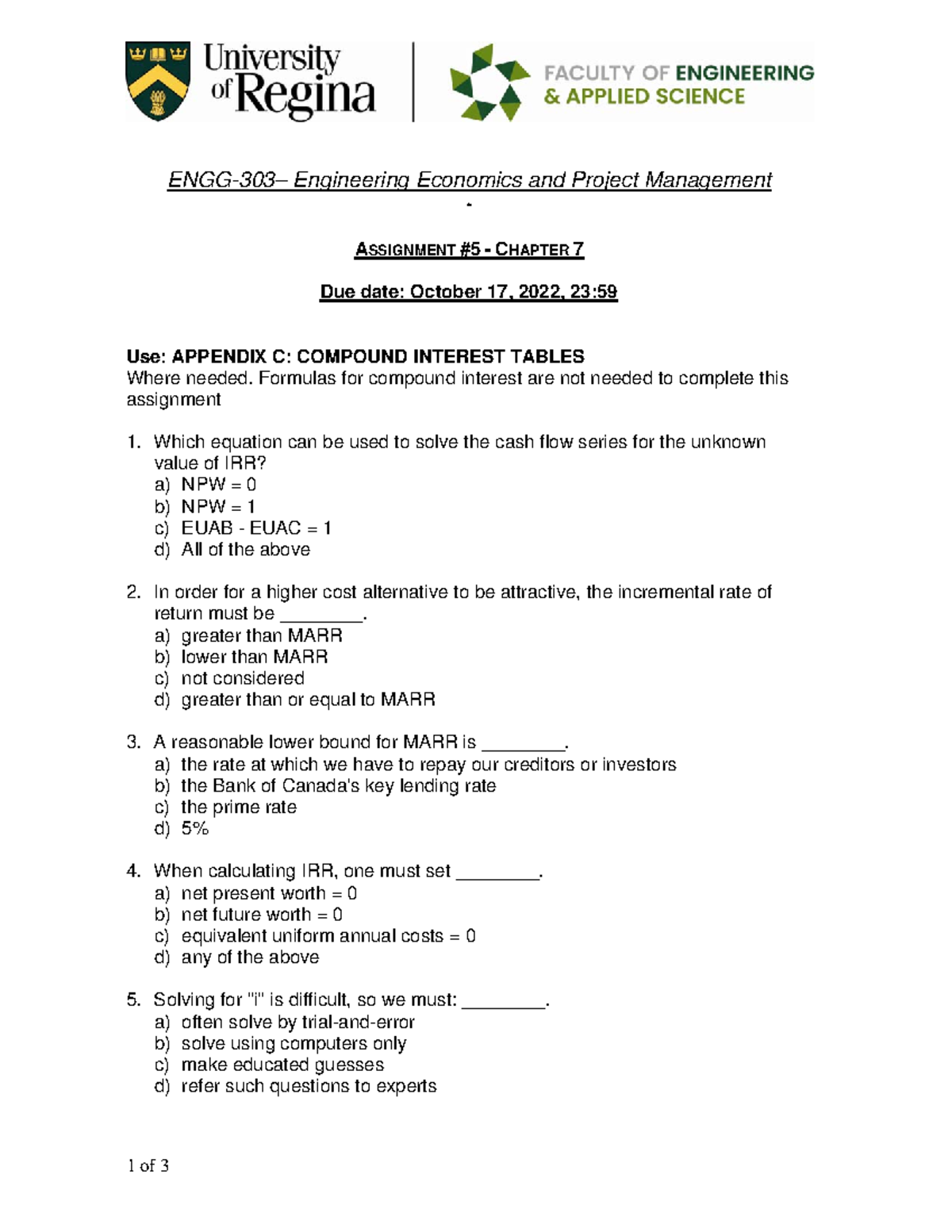 ENGG 303 Assignment 5 - ENGG-303– Engineering Economics and Project Management . 1 of 3 ...