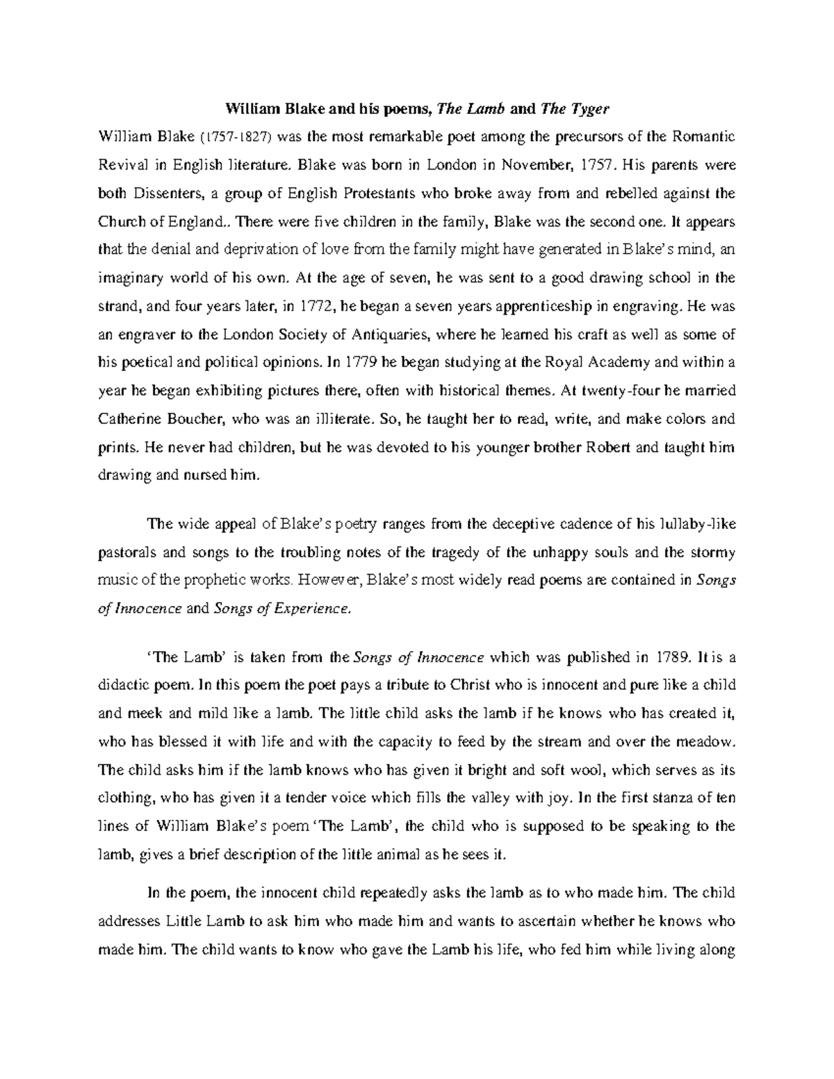 English (Hons.) II Sem. William Blake and his poems, The Lamb and The ...