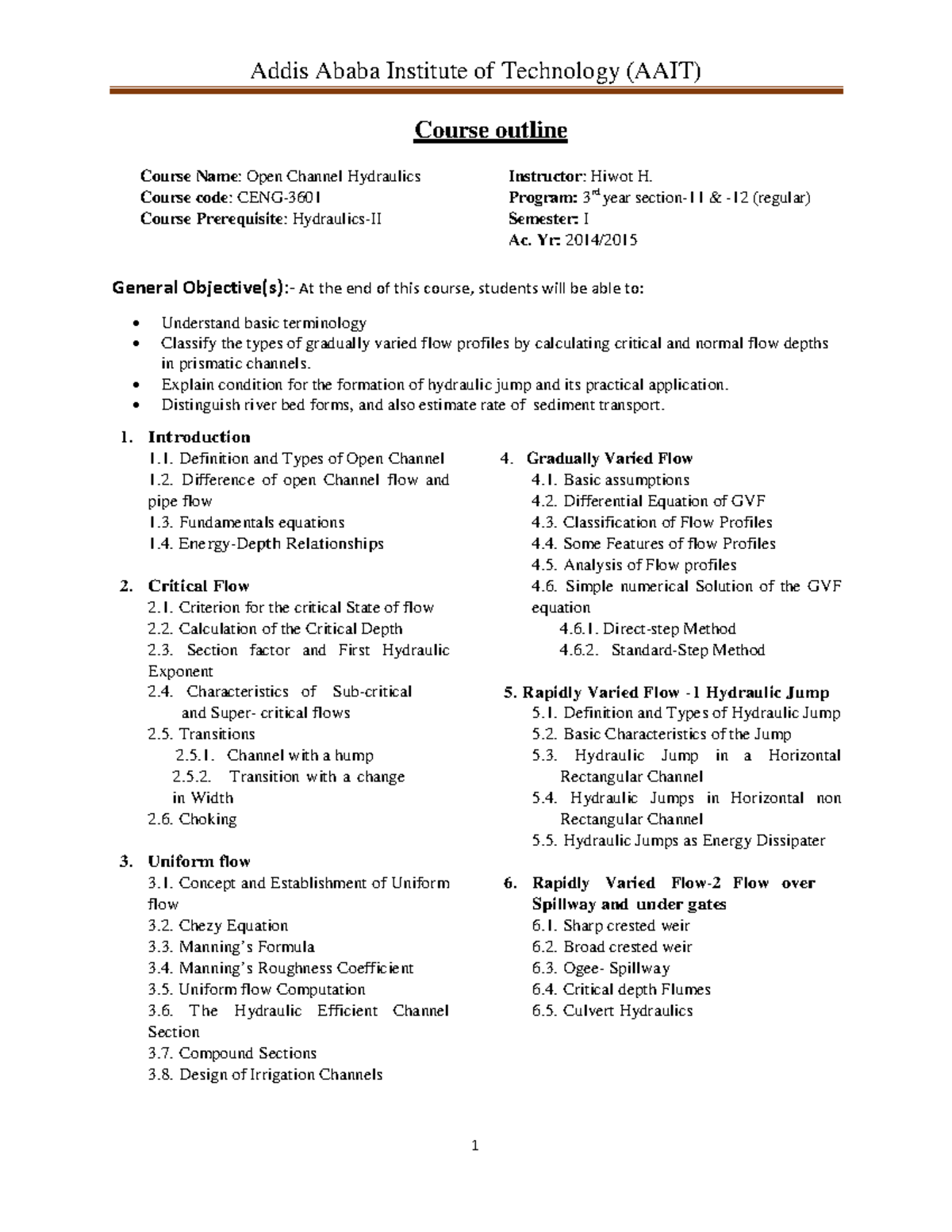 Course outline - Hydro power engineering - Addis Ababa Institute of ...