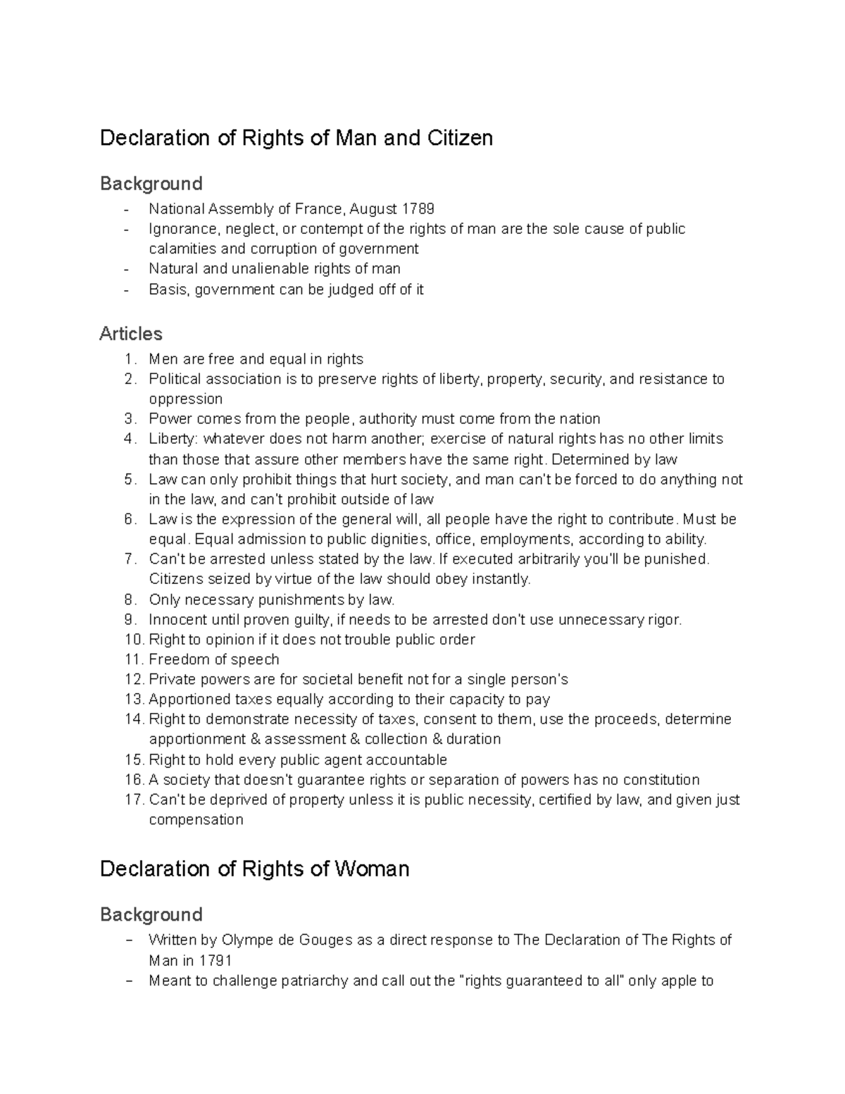 Declaration of Rights of Man Woman and Citizen - Declaration of Rights ...