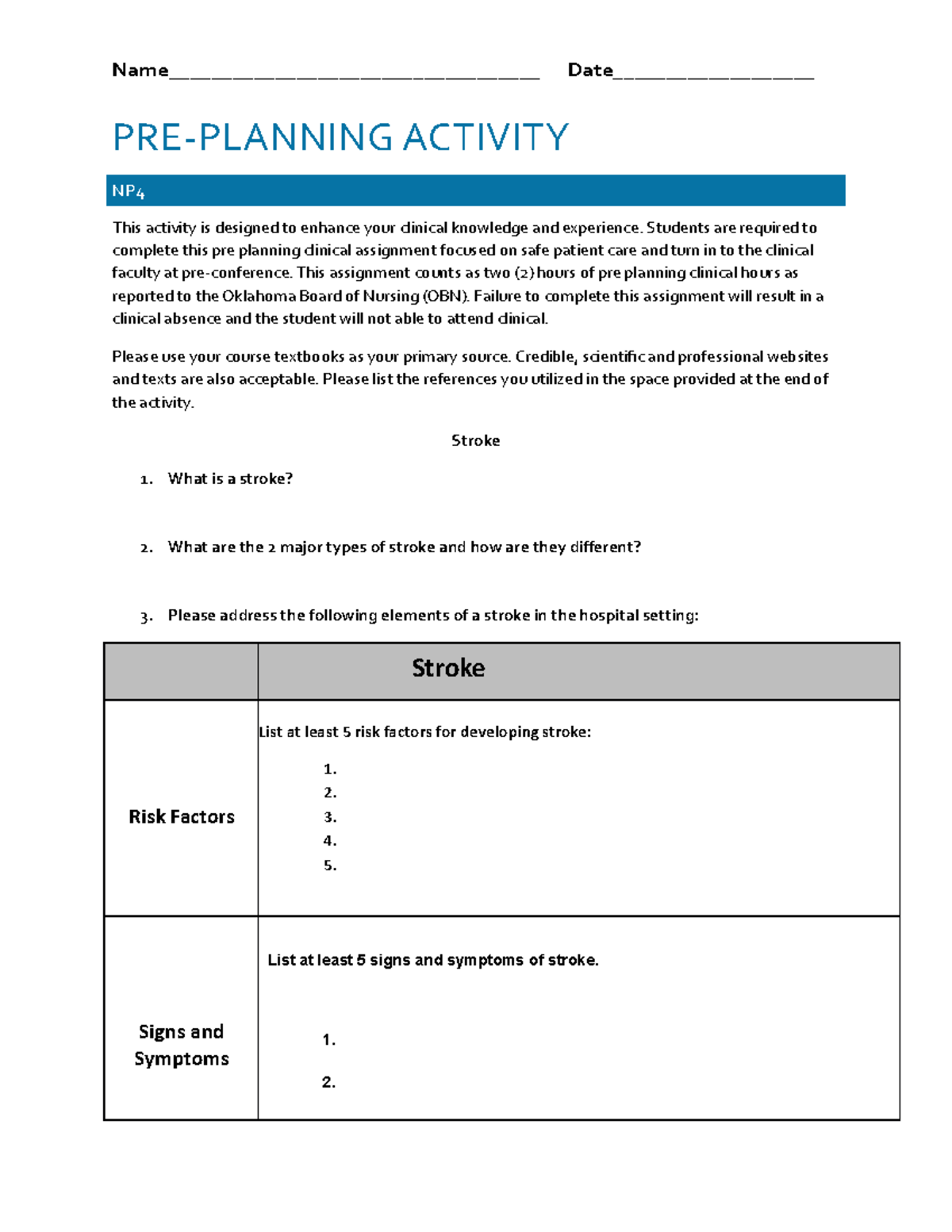 Pre Plan NP4 Stroke - pre plan - Name ...