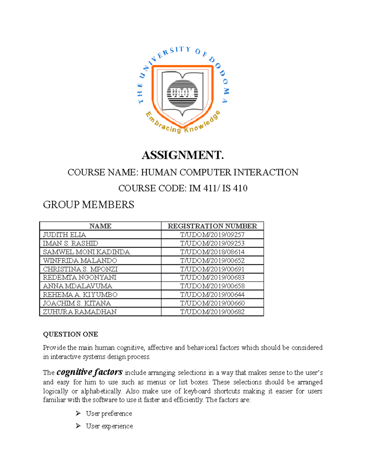 Assignment 3 - Answer this question - ASSIGNMENT. COURSE NAME: HUMAN COMPUTER INTERACTION COURSE ...