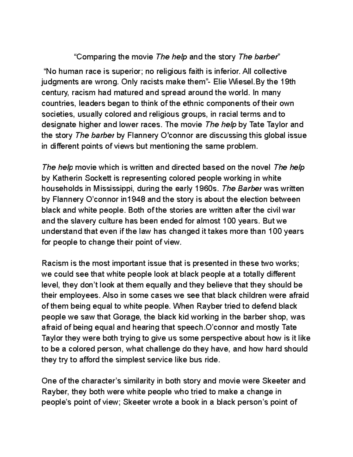 Comparing essay - “Comparing the movie The help and the story The ...