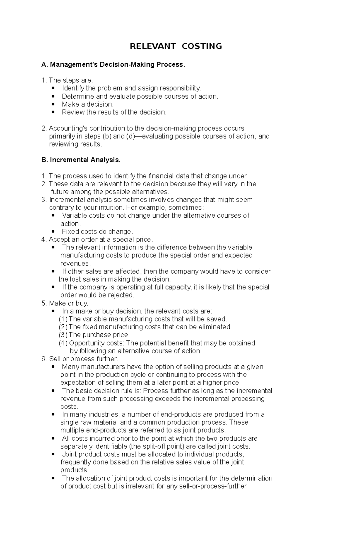 Relevant Costing - wwwwwwww - RELEVANT COSTING A. Management’s Decision ...