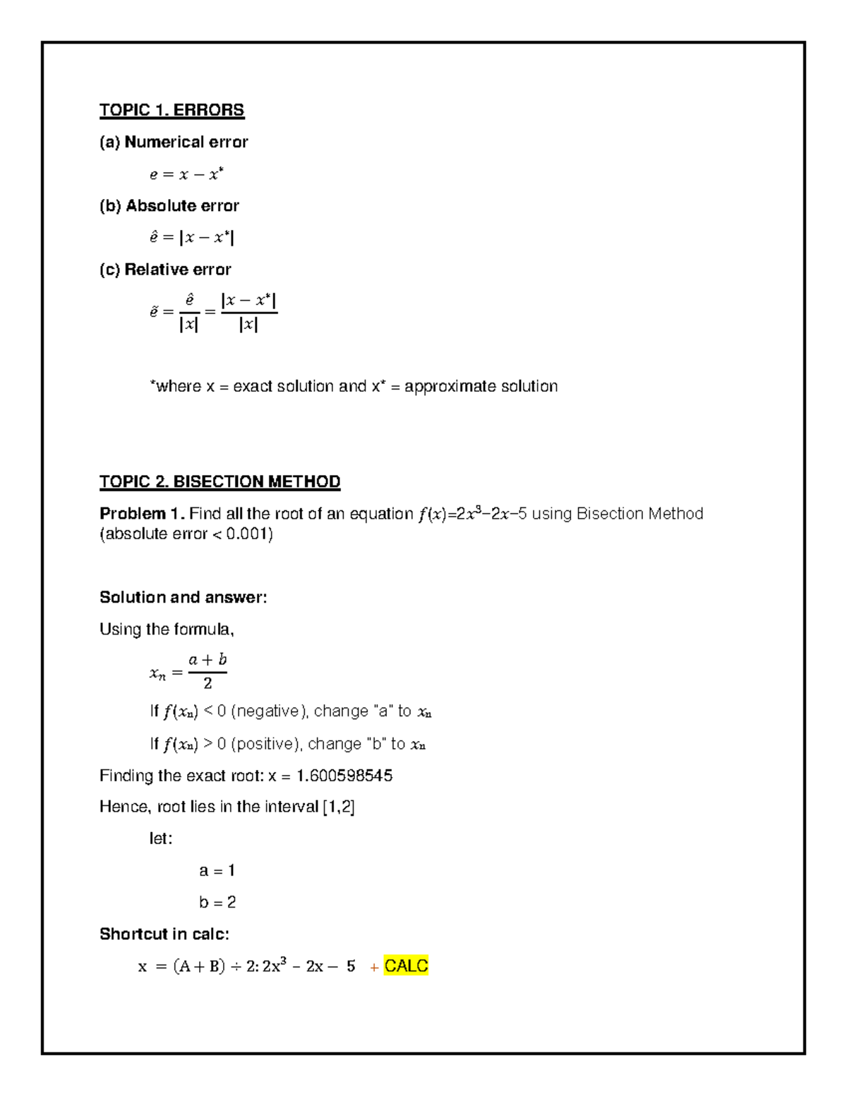 MATH 026 Prelim Notes Root-finding Methods - Numerical Methods - TIP ...