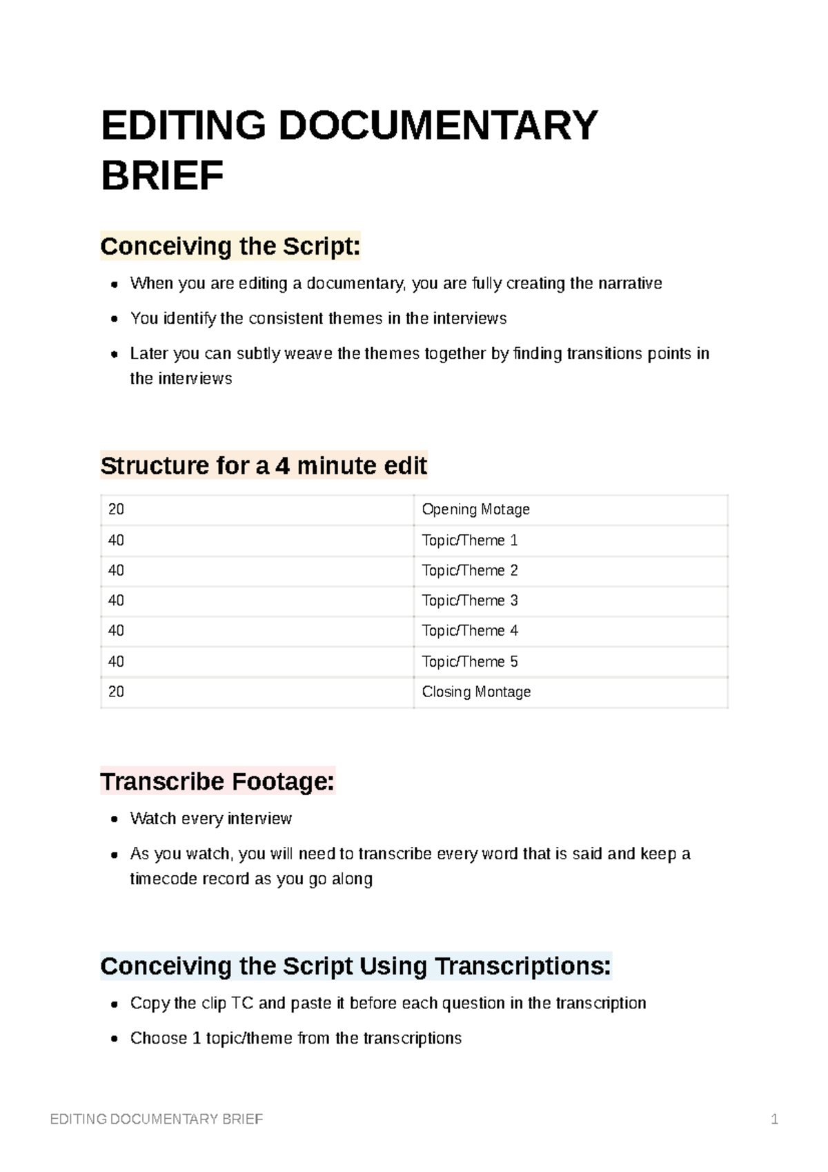 Editing Documentary Brief - EDITING DOCUMENTARY BRIEF Conceiving the ...