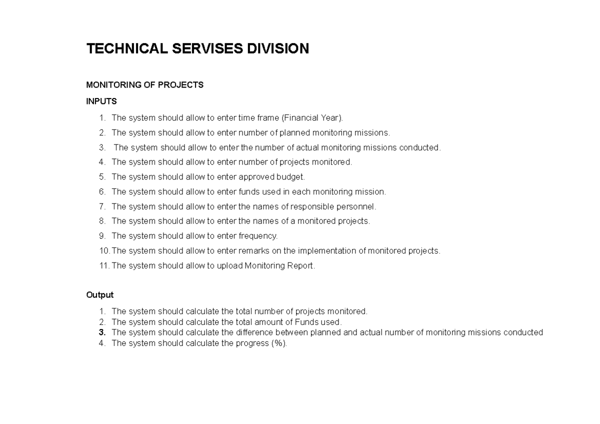 Requirements M&E FOR DTES - TECHNICAL SERVISES DIVISION MONITORING OF ...