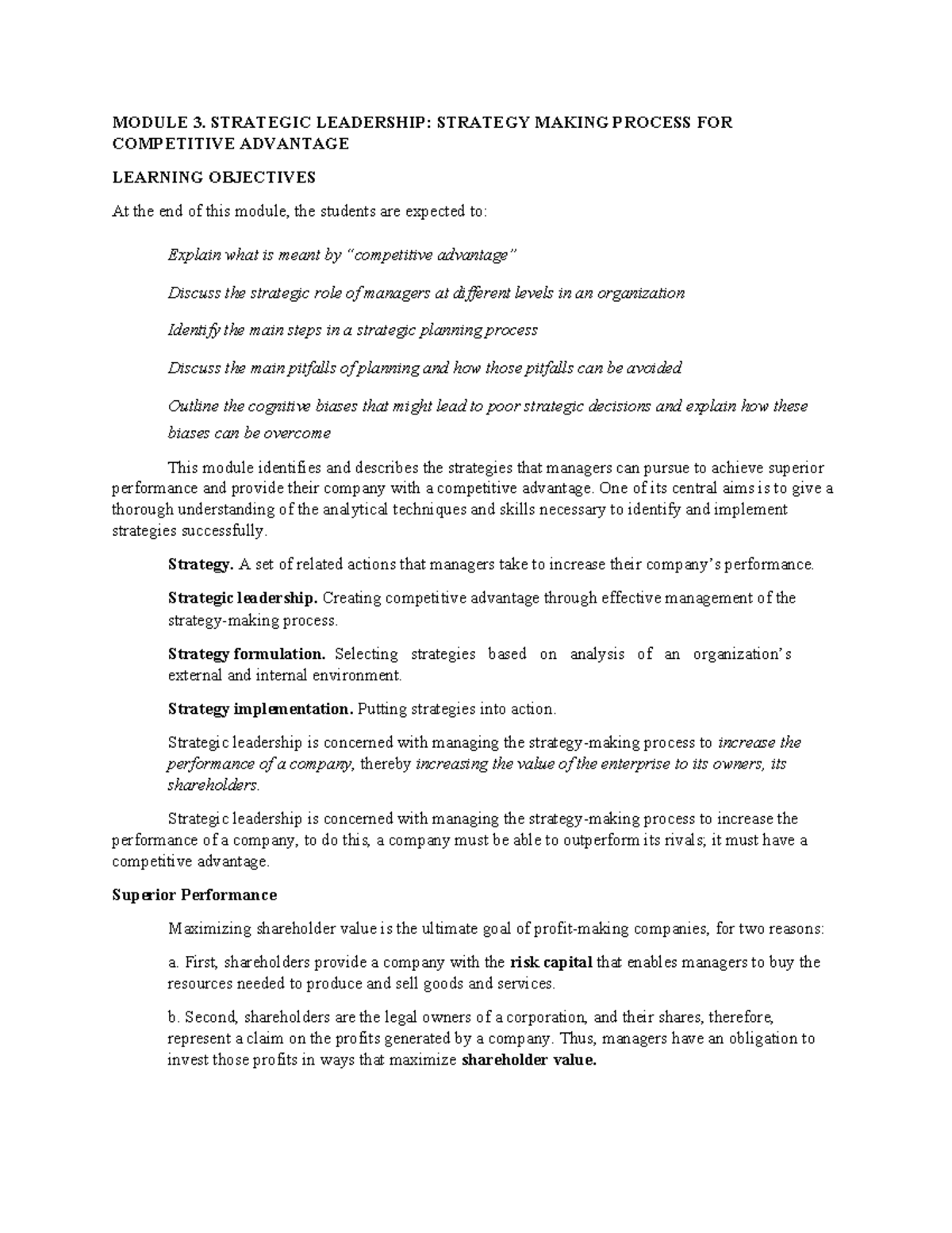 Module-3 - module - MODULE 3. STRATEGIC LEADERSHIP: STRATEGY MAKING ...