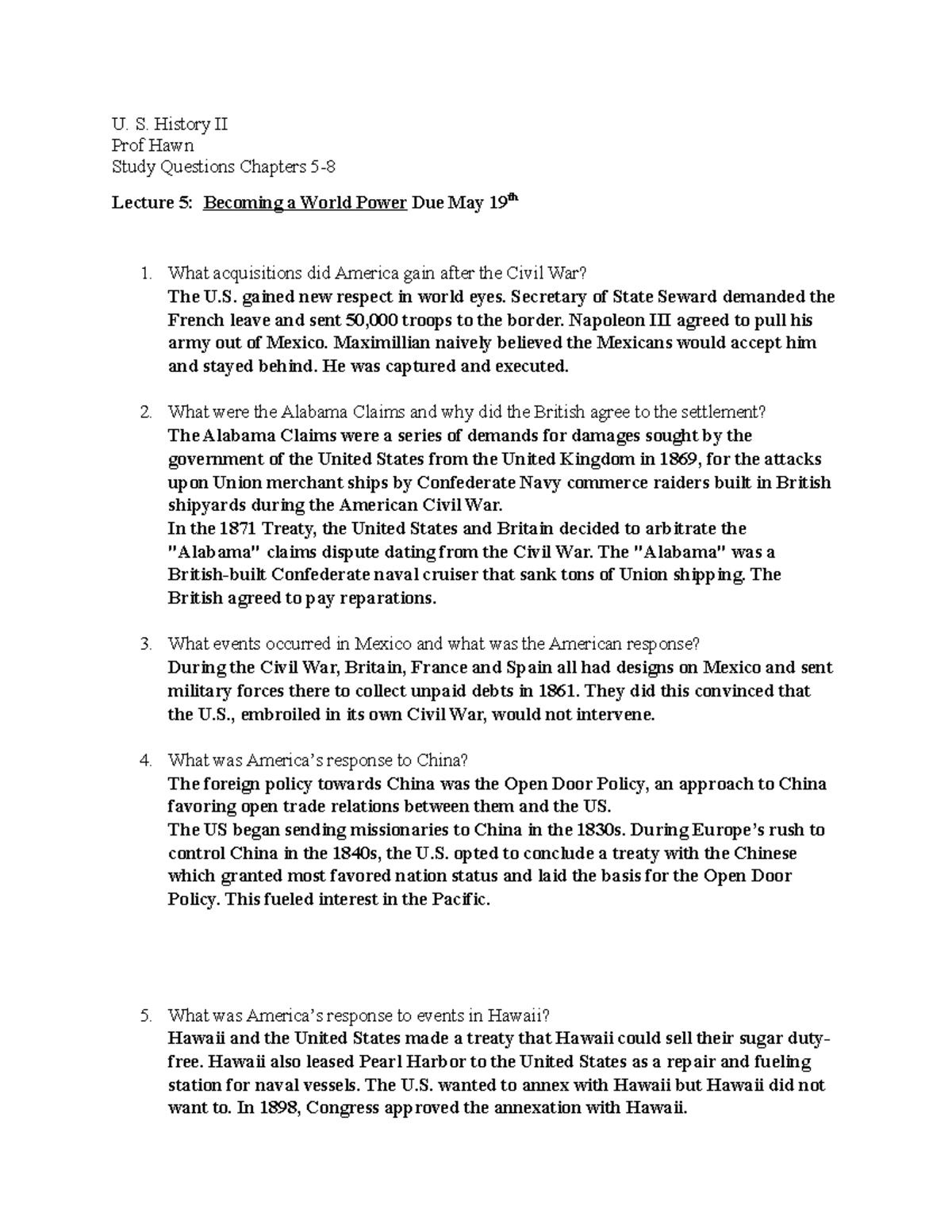 Becoming a World Power - U. S. History II Prof Hawn Study Questions ...