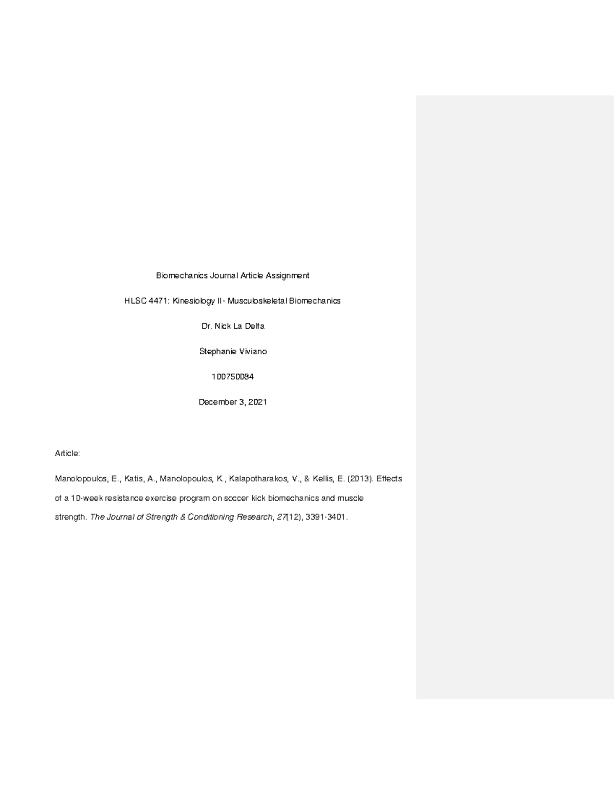 Biomechanics Journal Article Assignment - Nick La Delfa Stephanie ...