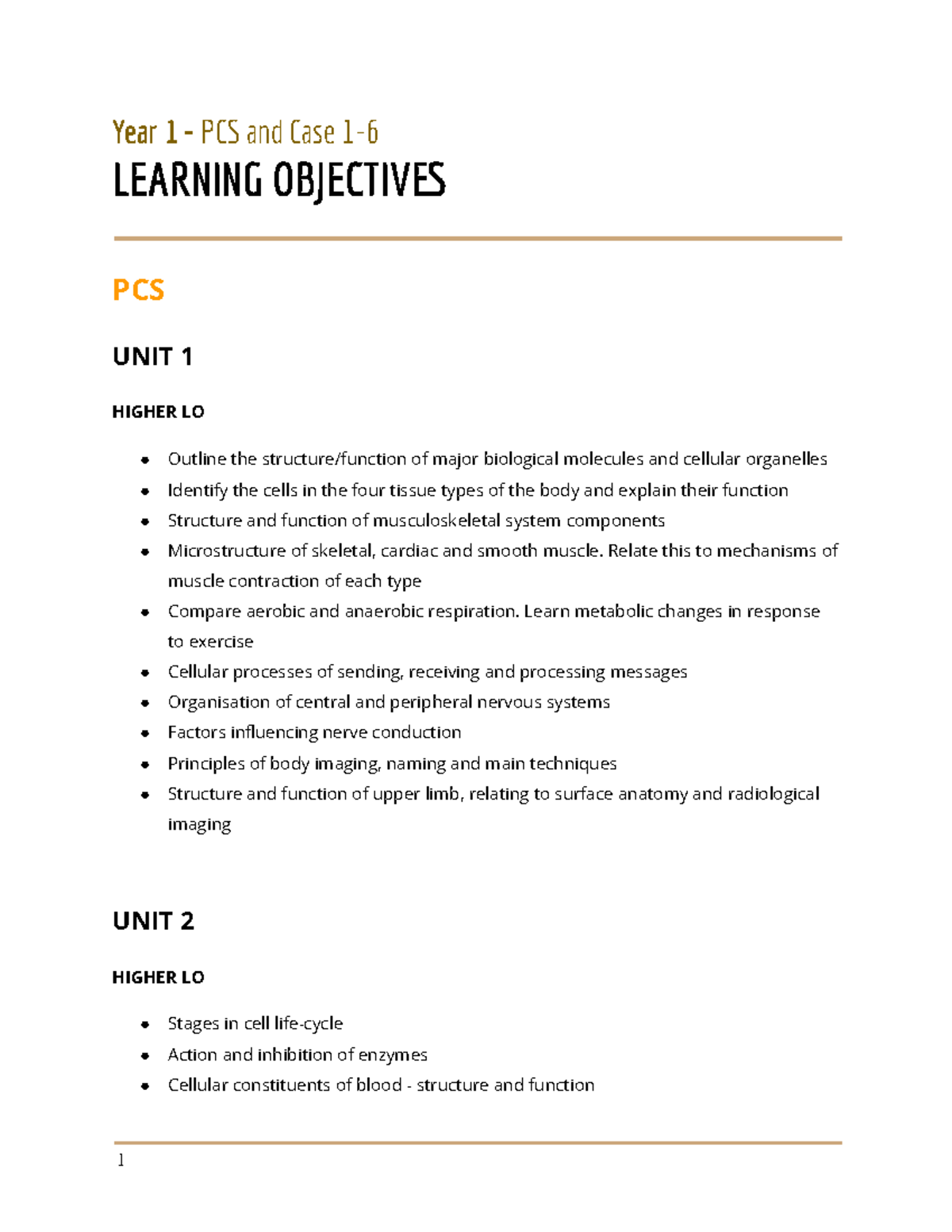 Year 1 Learning outcomes summarised from HLO - Year 1 - PCS and Case 1 ...