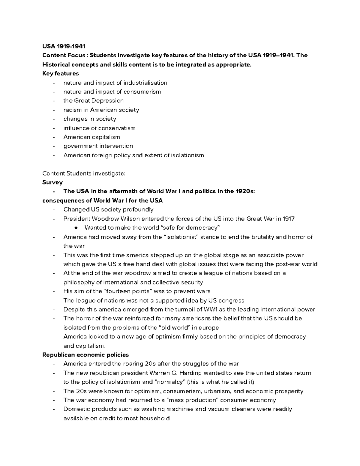 modern history USA 1919-1941 - USA 1919- Content Focus : Students ...