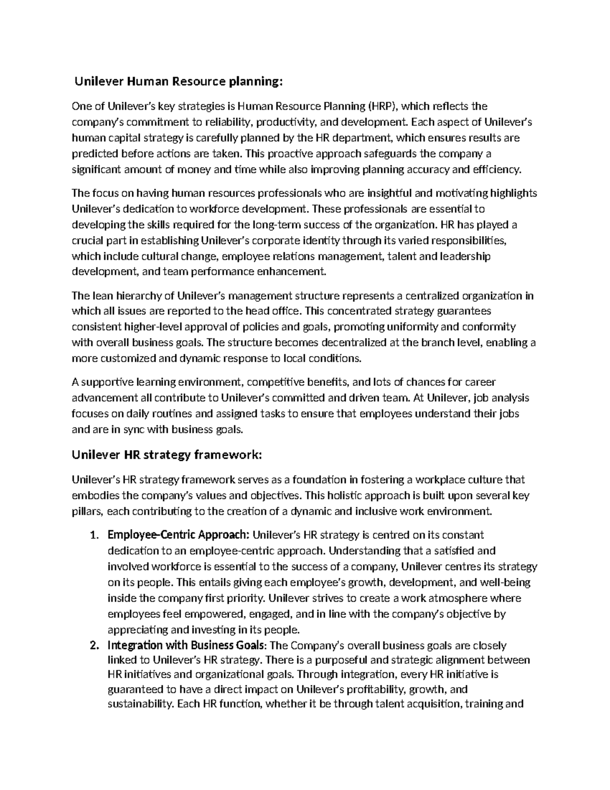 Human Resource Report - Unilever Human Resource planning: One of ...