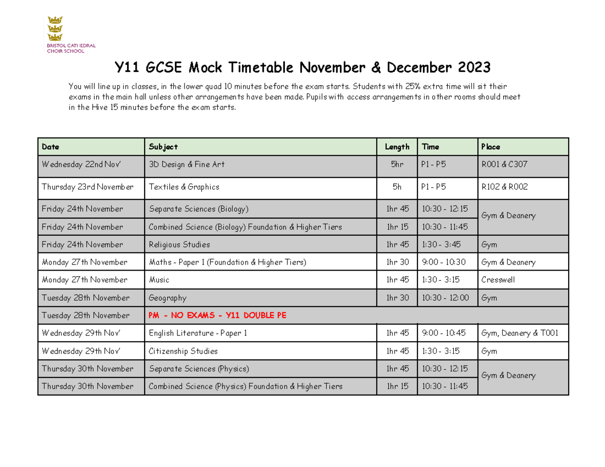 Y11 mock timetable nov 2023 - Y11 GCSE Mock Timetable November ...